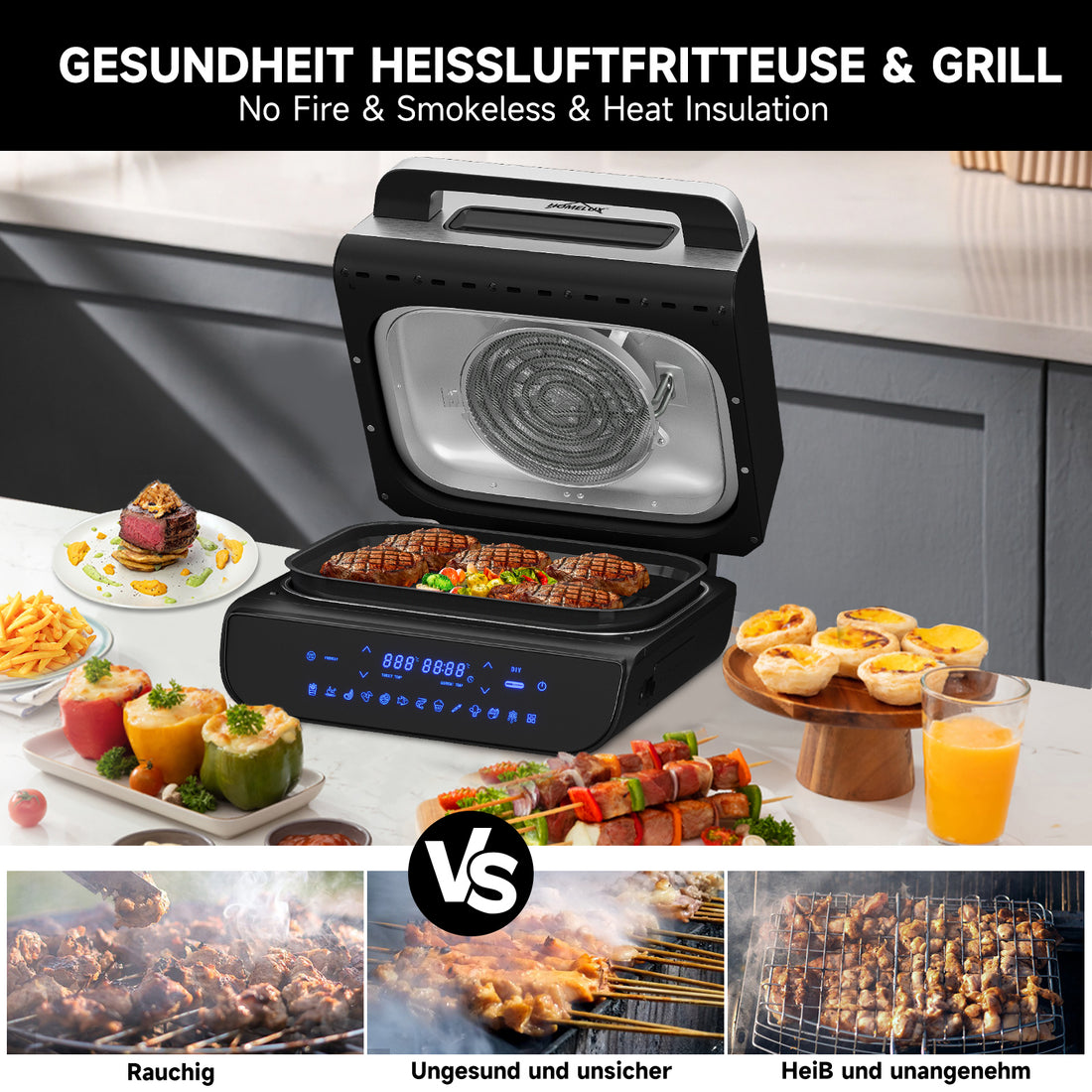HOMELUX Heißluftfritteuse & Grill 6-in-1 Heißluftfritteuse mit Kontakt