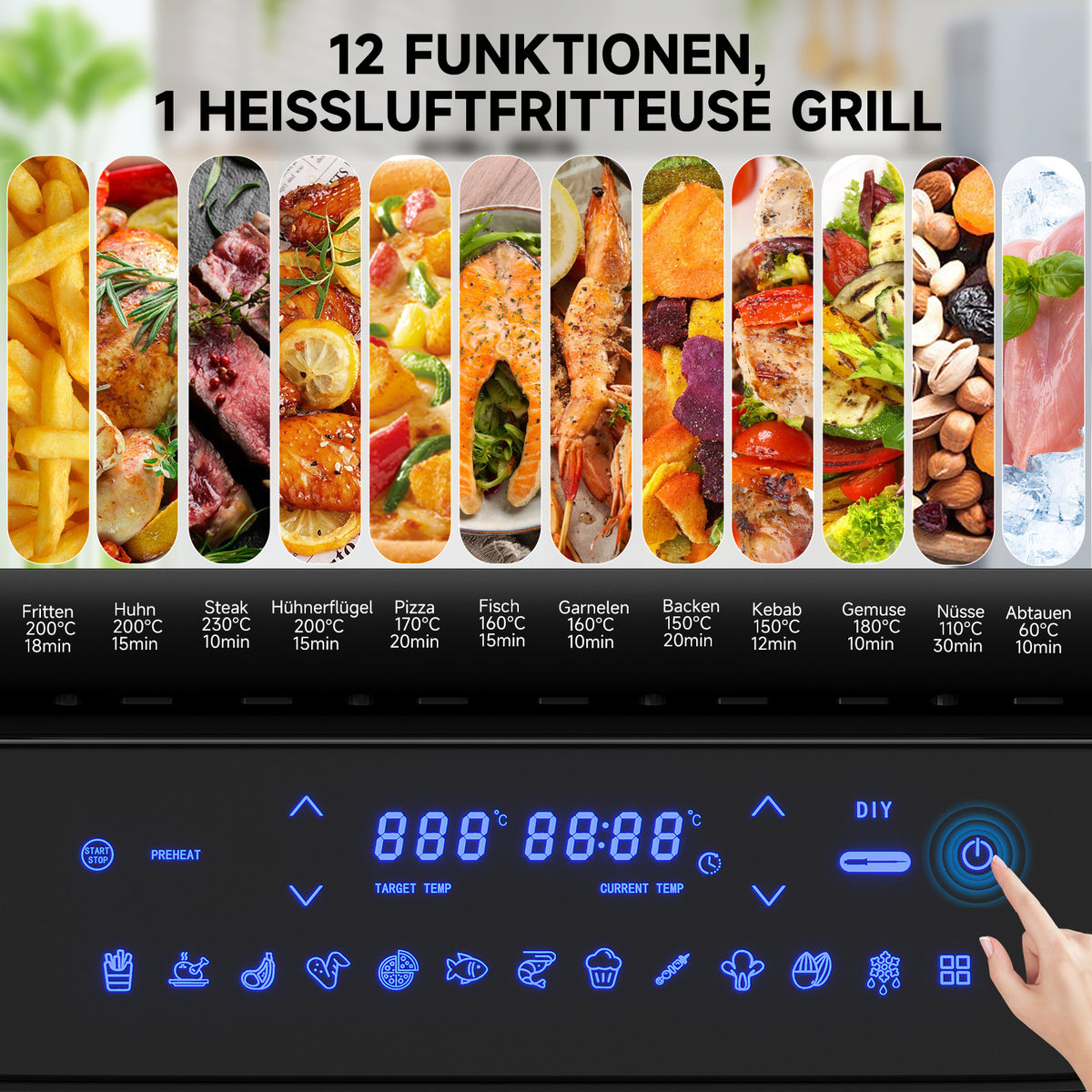 HOMELUX Heißluftfritteuse & Grill 6-in-1 Heißluftfritteuse mit Kontakt