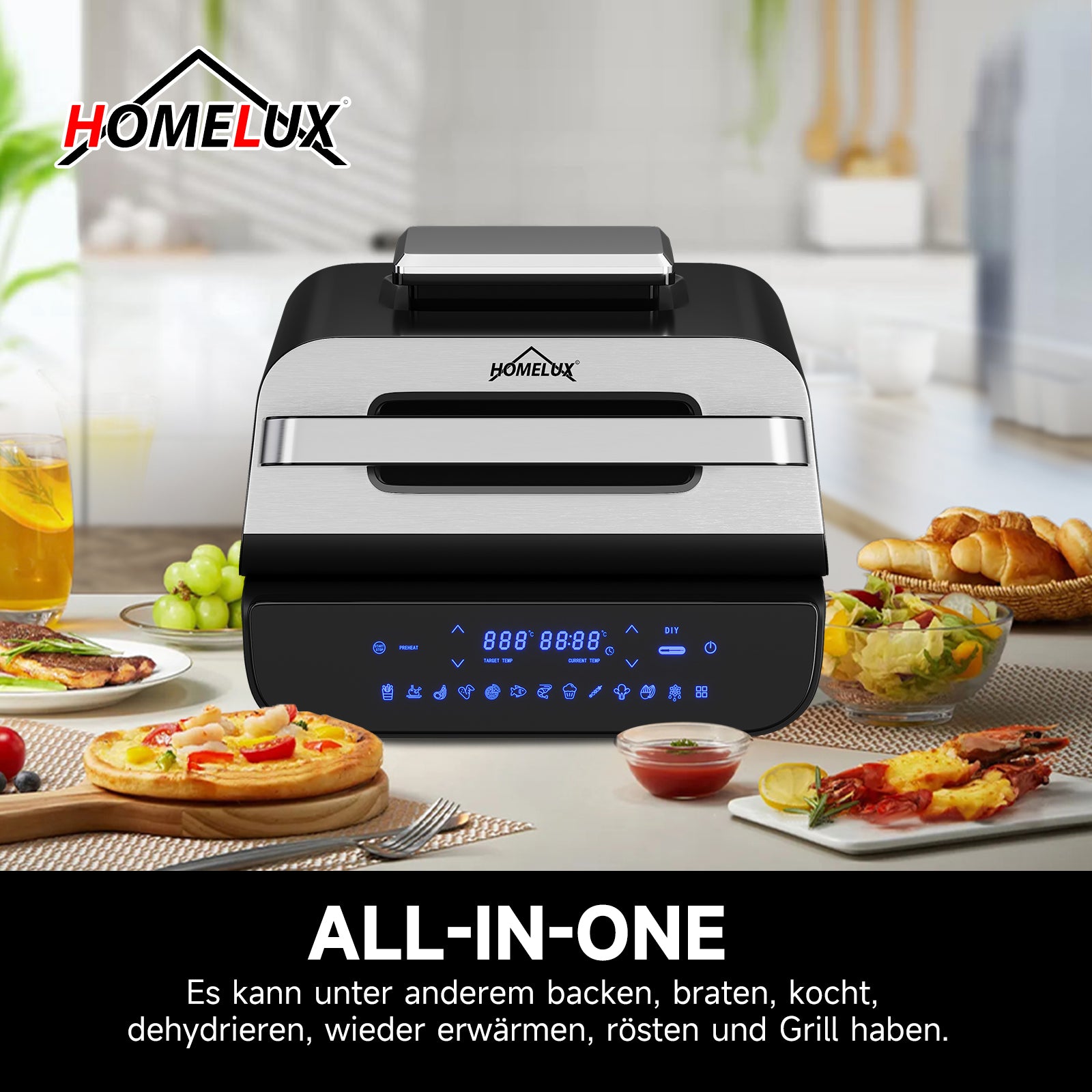 HOMELUX Heißluftfritteuse & Grill 6-in-1 Heißluftfritteuse mit Kontakt
