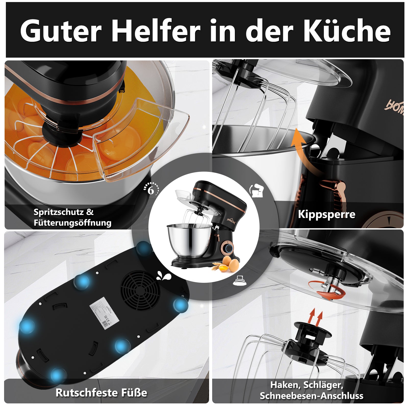 HOMELUX Küchenmaschine Multifunktional 6-stufige Knetmaschine mit LED-