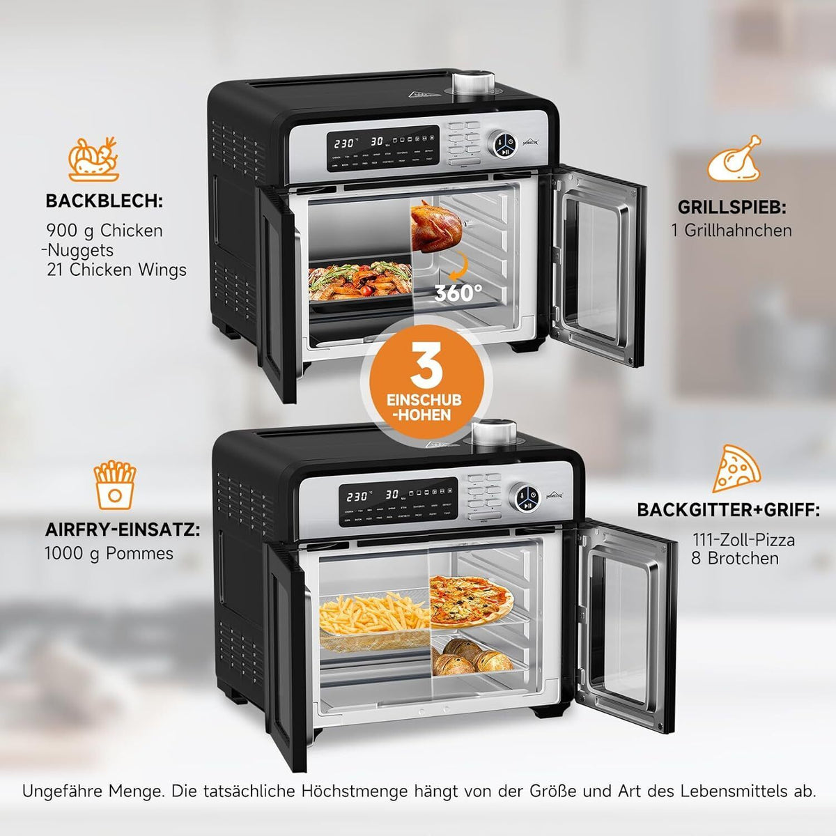 Heißluftfritteuse 28L Minibackofen mit Umluft XXL Grill 1700W Heißluf